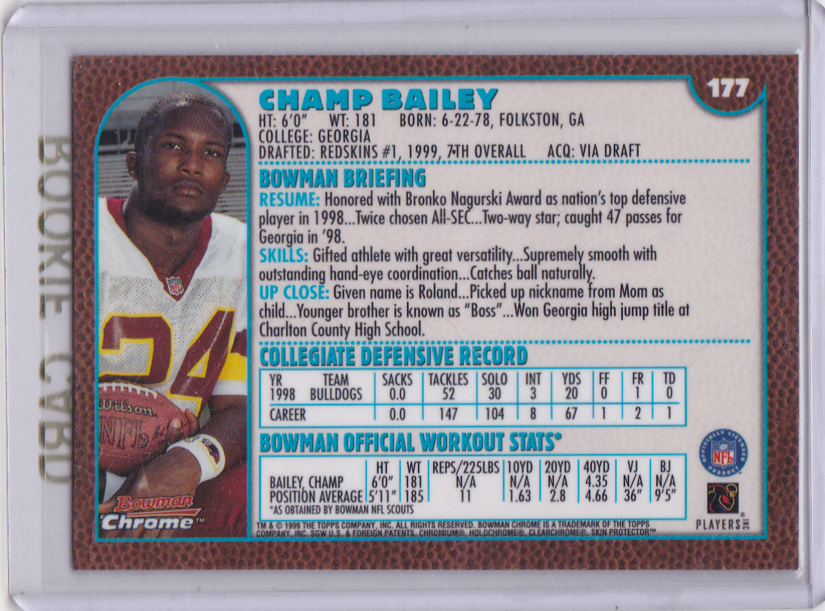 CHAMP BAILEY ROOKIE CARD 1999 Bowman Chrome Football RC Denver Broncos ...