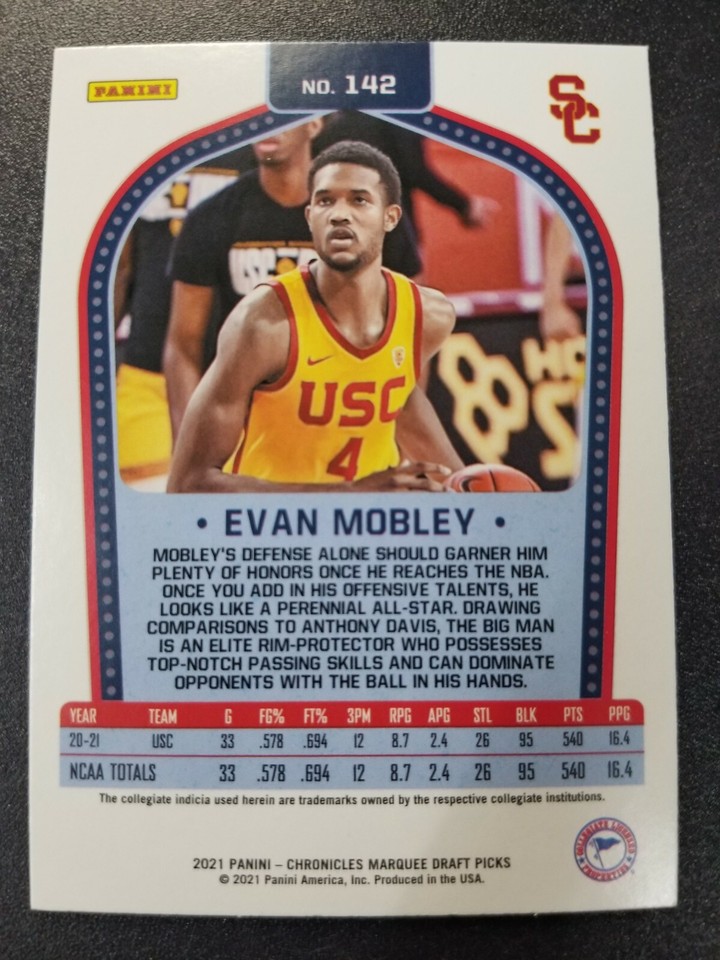 Evan Mobley 2021 CHRONICLES DRAFT "MARQUEE" ROOKIE RC #142 USC TROJANS ...