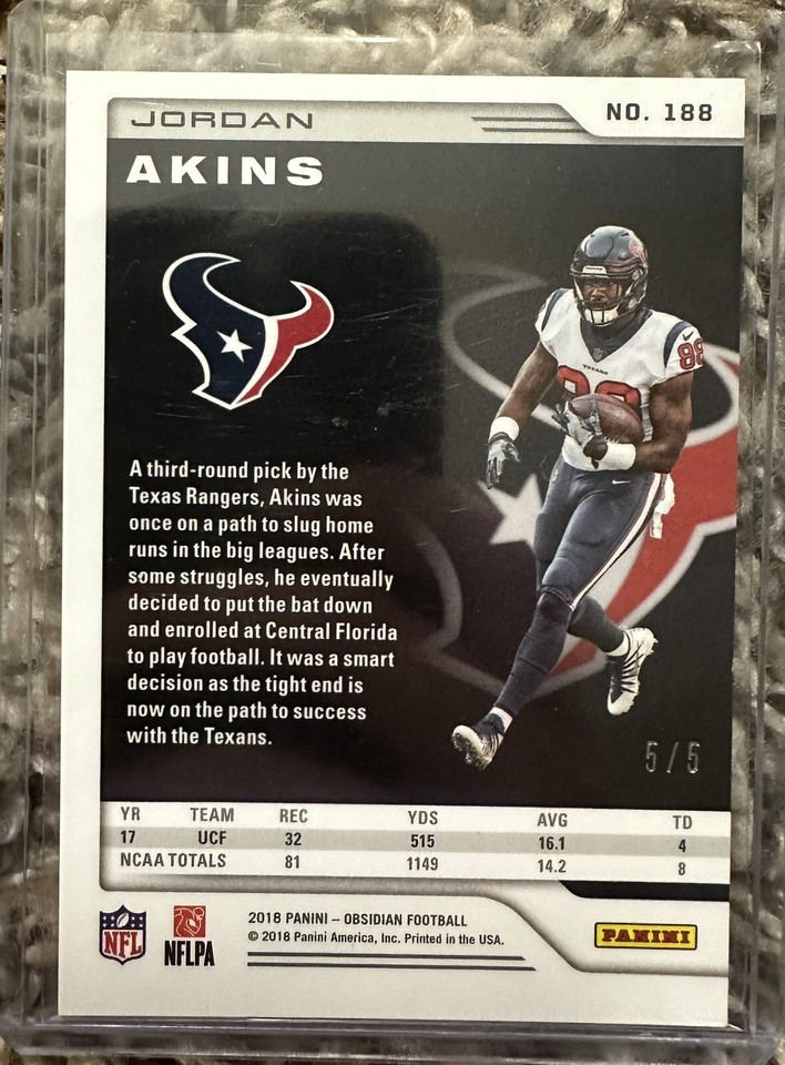 2018 Obsidian Football Jordan Akins Rookie Red Parallel #5/5 Texans | eBay