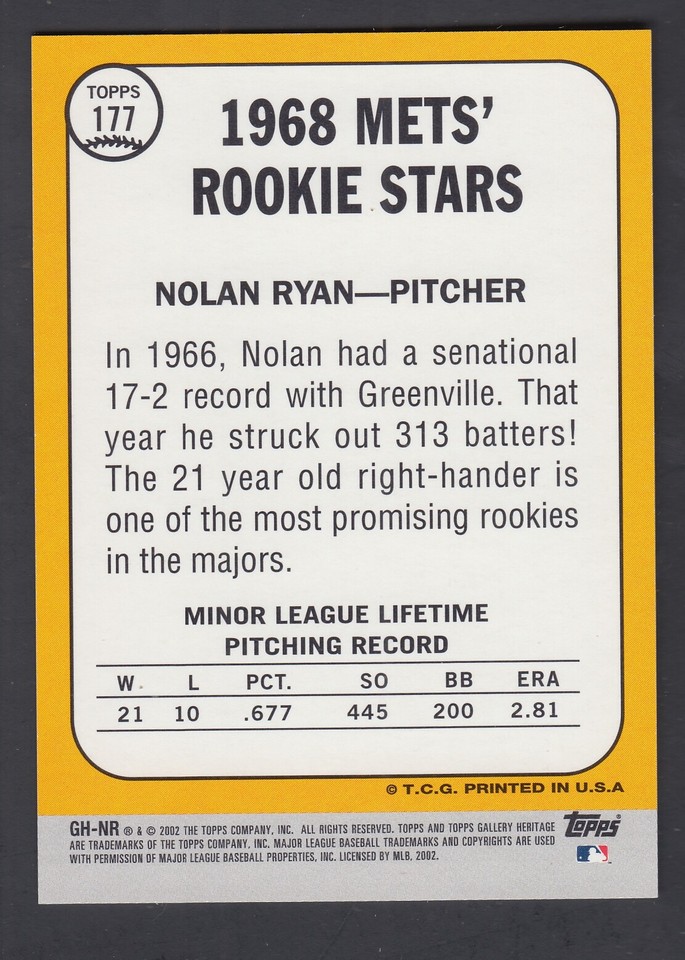 Nolan Ryan 2002 Topps Gallery Heritage Card 1968 Topps Rookie Reprint A ...