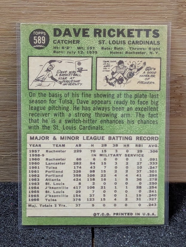 1967 Topps #589 Dave Ricketts - Excellent Condition NM Vintage Card ...