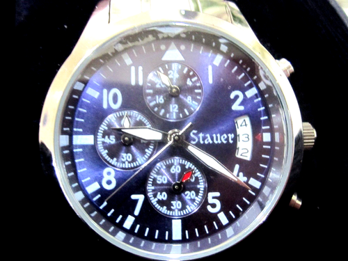 NEW Stauer 43568 Mens Watch Silver Case & Bracelet BLUE Face Date & Day ...