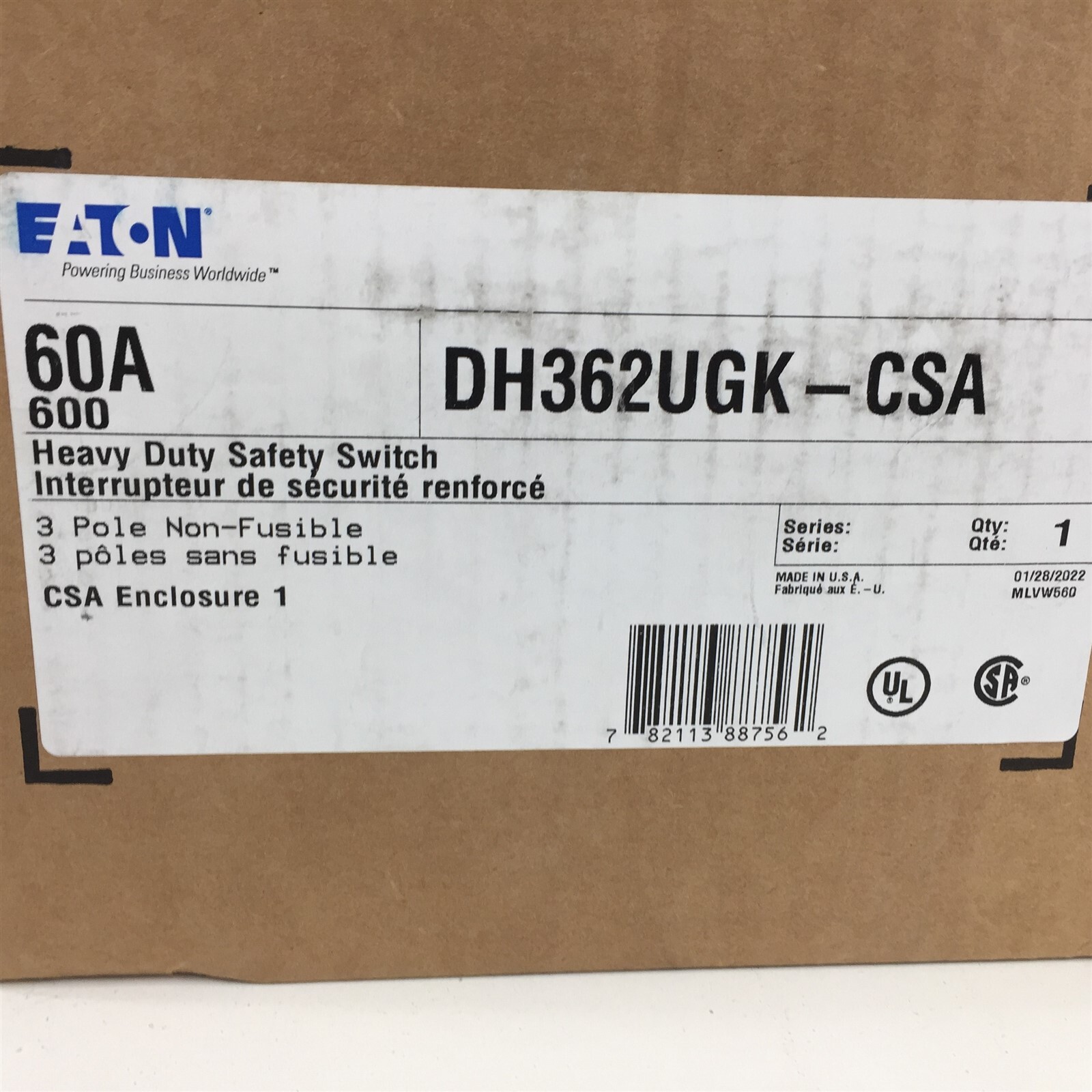 Eaton DH362UGK-CSA Heavy Duty Safety Switch 60A 600V 3-Pole Non-Fusible ...