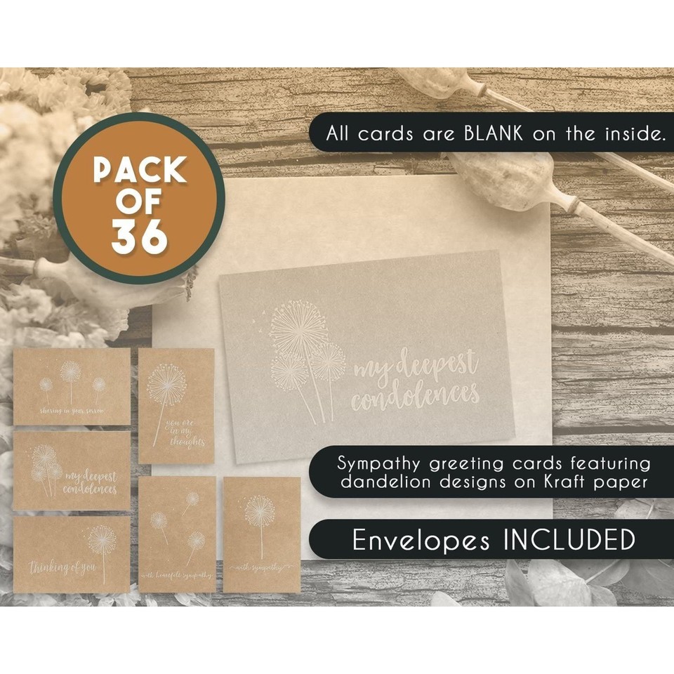 36 Pack Sympathy Cards with Envelopes Condolence Card Kraft Paper Bulk ...