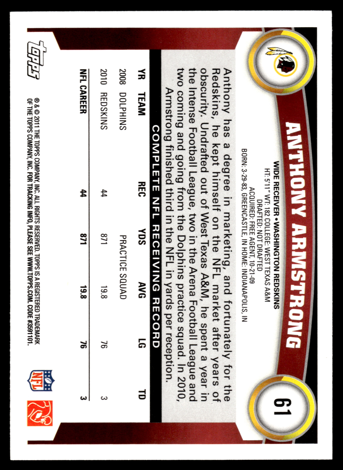 2011 Topps #61 Anthony Armstrong Washington Redskins | eBay