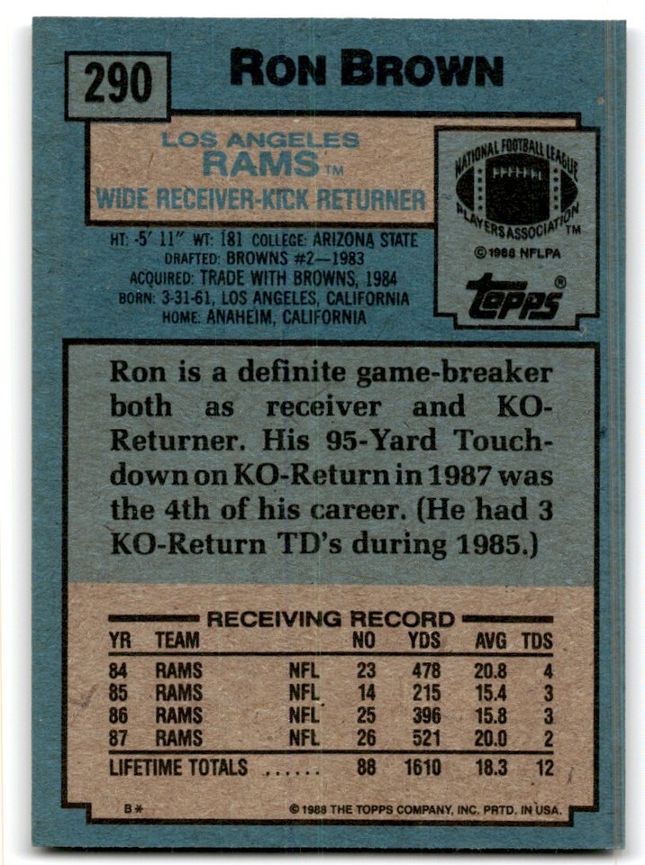1988 Topps Ron Brown Football Cards #290 | eBay