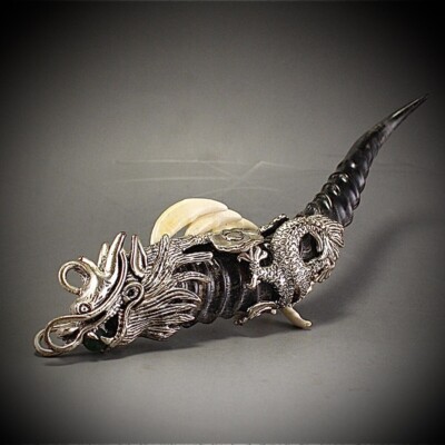 Vintage Silver Inlay Ox Horn Fortune Dragon Statue | eBay