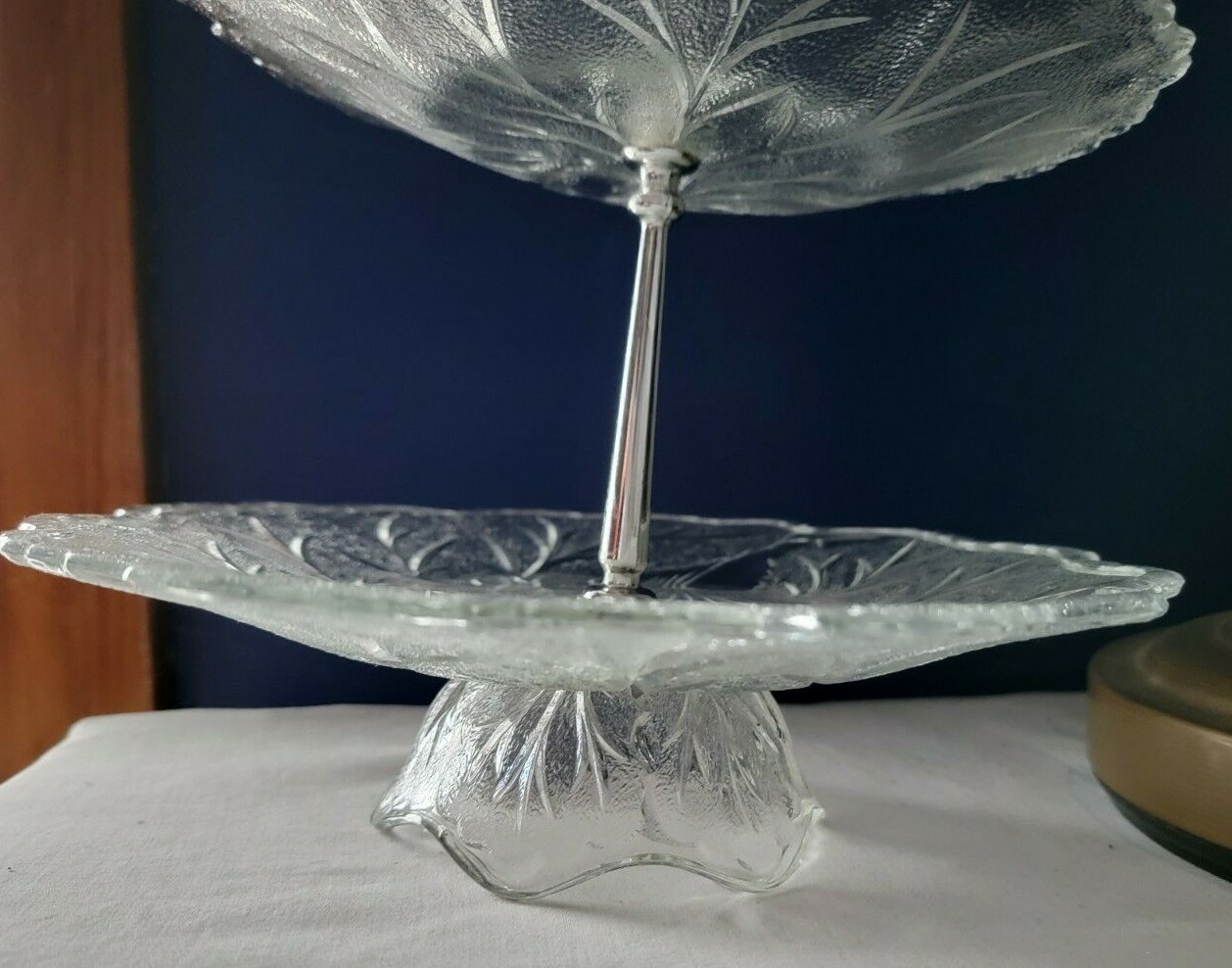 Tiered Tidbit Tray Indiana Glass Pebble Leaf Footed Metal Handle Grape ...