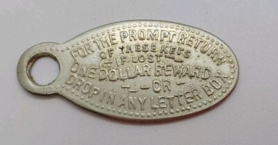 Vintage Combined Registry Co One Dollar Reward Numbered Key Tag Chicago ...