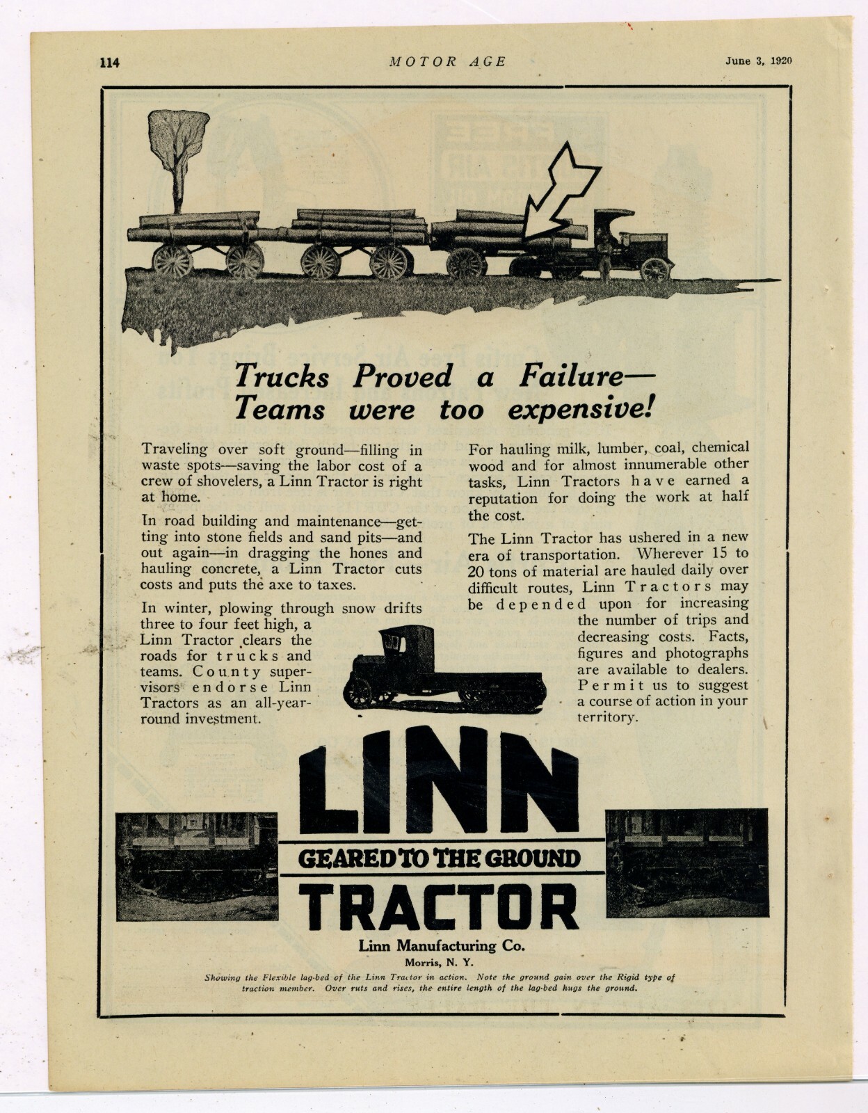 1920 Linn Mfg. Co. Ad: Linn Tractors/Trucks Log Hauler - Morris, New ...