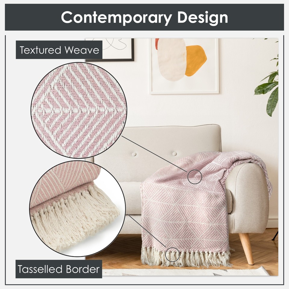 Throw Blanket for Sofas Couch Bed Runner Scandi Woven Soft Cotton Zahra ...