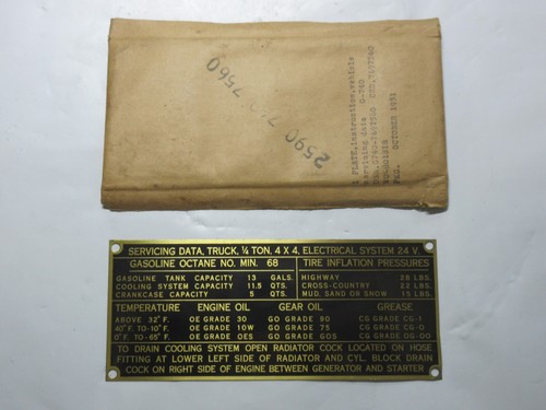 NOS Original Brass Data Plate for Willys M38 Military Jeep G740 WO ...