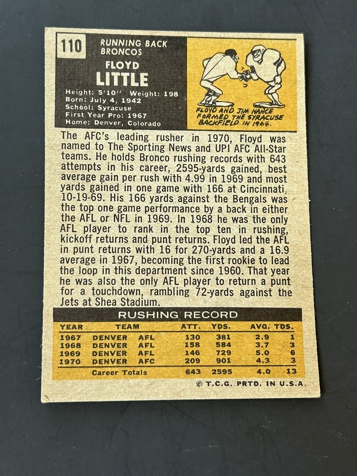 1971 Topps Football #110 Floyd Little HOF EX Denver Broncos Syracuse ...