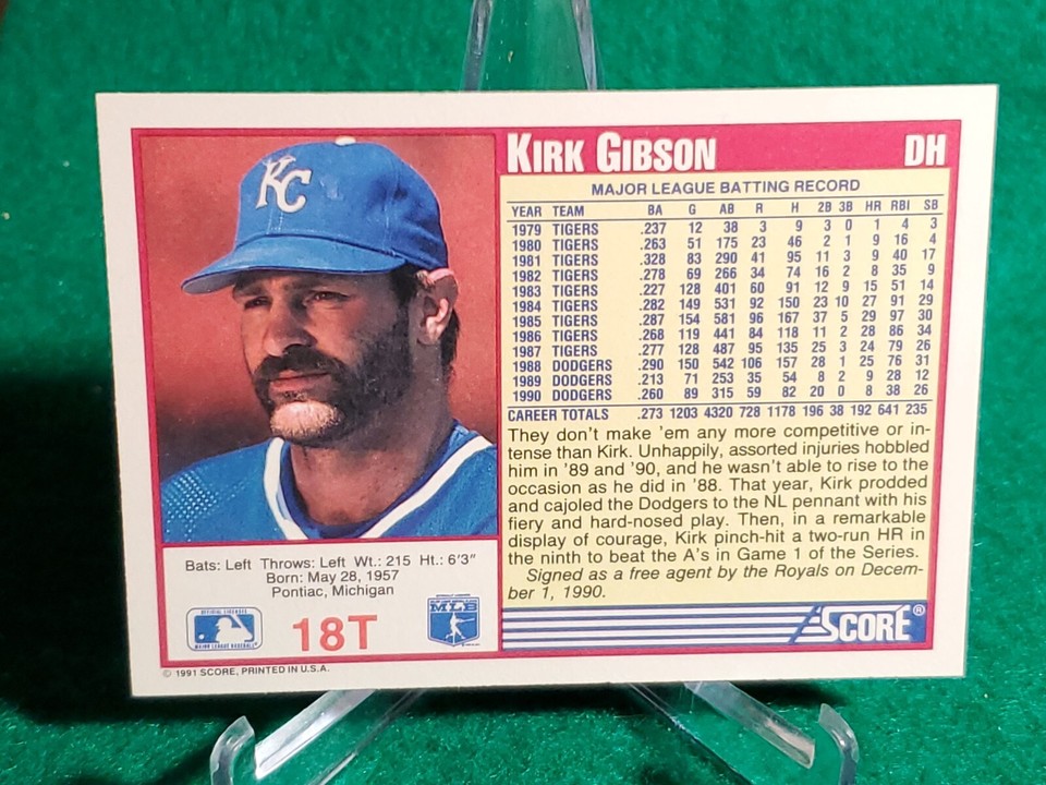 1991 Score Rookie & Traded Kirk Gibson #18T Kansas City Royals | eBay