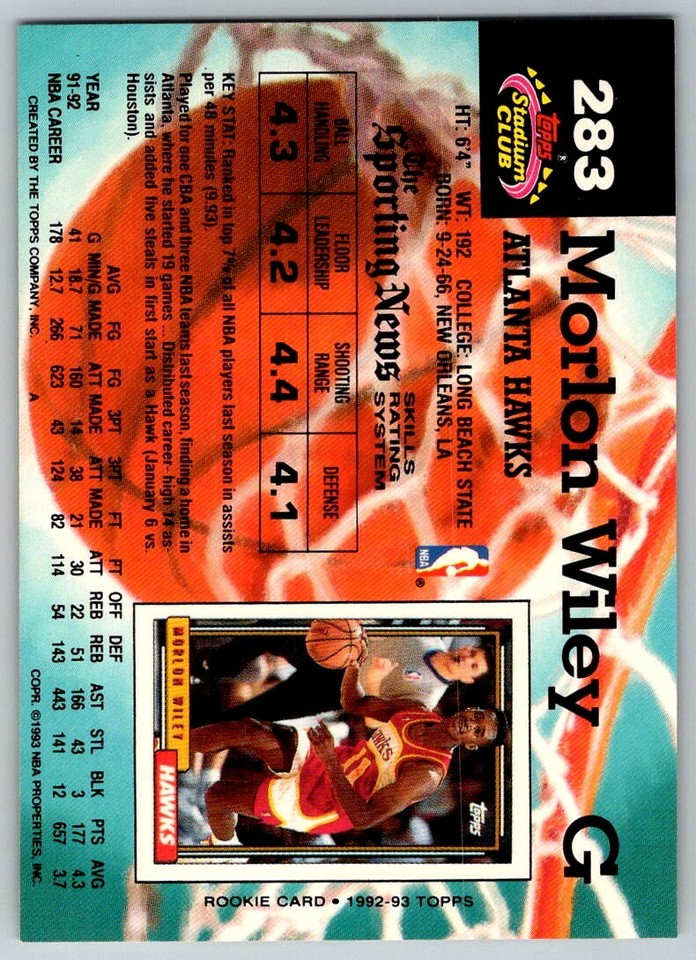 1992-93 Topps Stadium Club Basketball Card #283 Morlon Wiley Atlanta ...