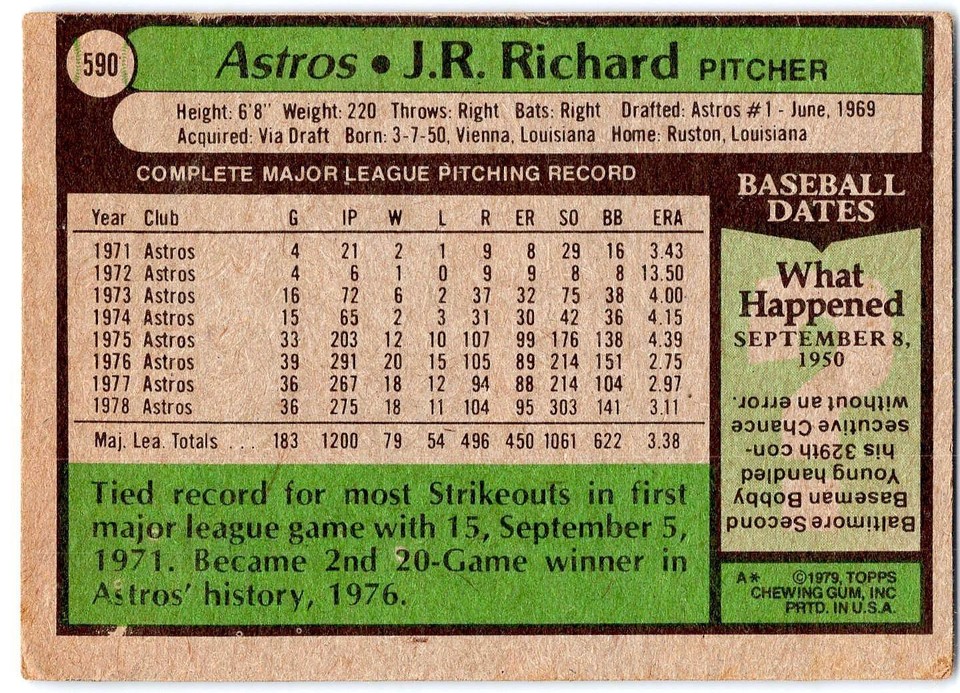 1979 Topps #590 J.R. Richard Houston Astros Baseball Card EX | eBay