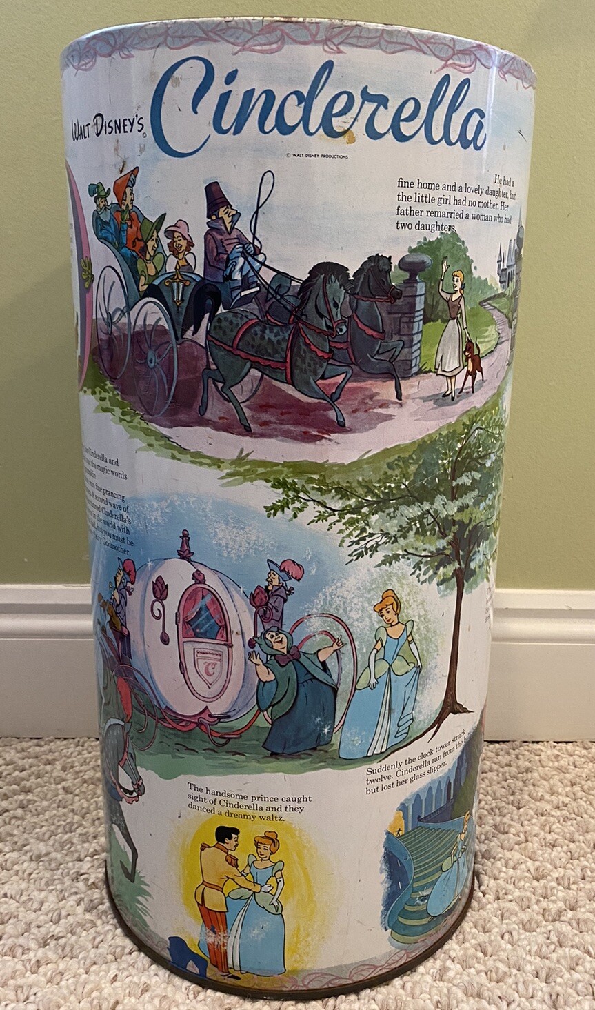 Vintage Walt Disney Cinderella 19” Metal Trash Can Waste Basket, Story ...