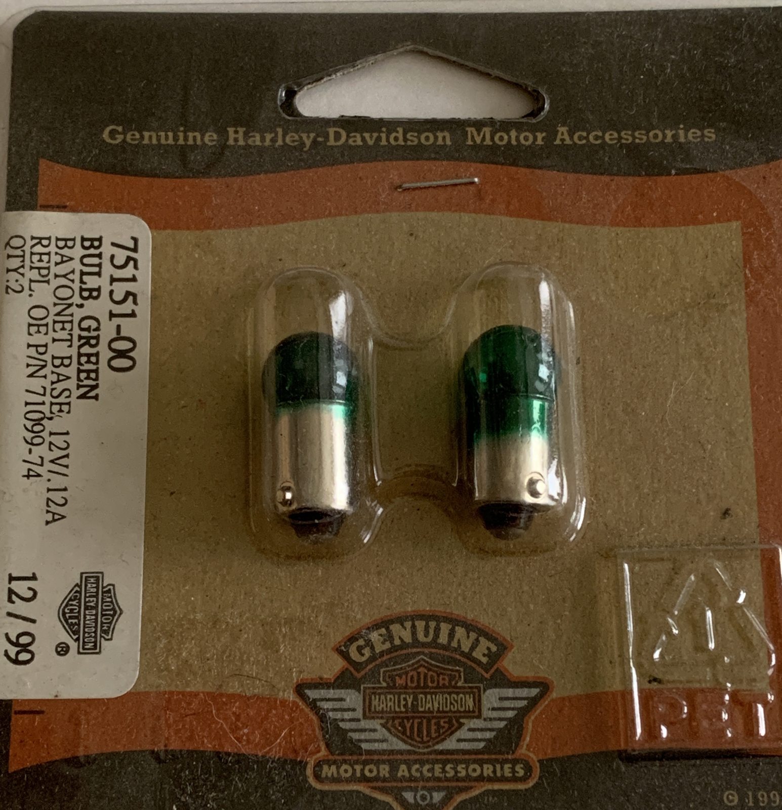 75151-00 HARLEY-DAVIDSON GREEN BULB BAYONET BASE 12V .12A REPLACES ...