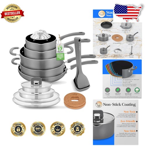 Safe & Stylish 17-Piece Gray Cookware Set - Foldable Handles & Utensils ...