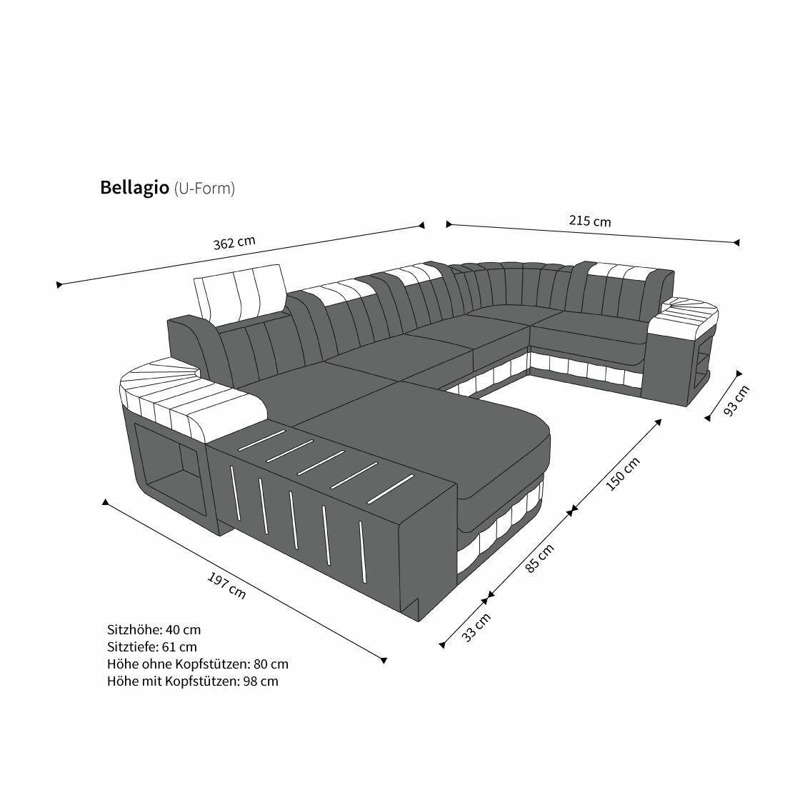 Ledercouch Wohnlandschaft XXL Ecksofa BELLAGIO Luxus Sofa Garnitur ...