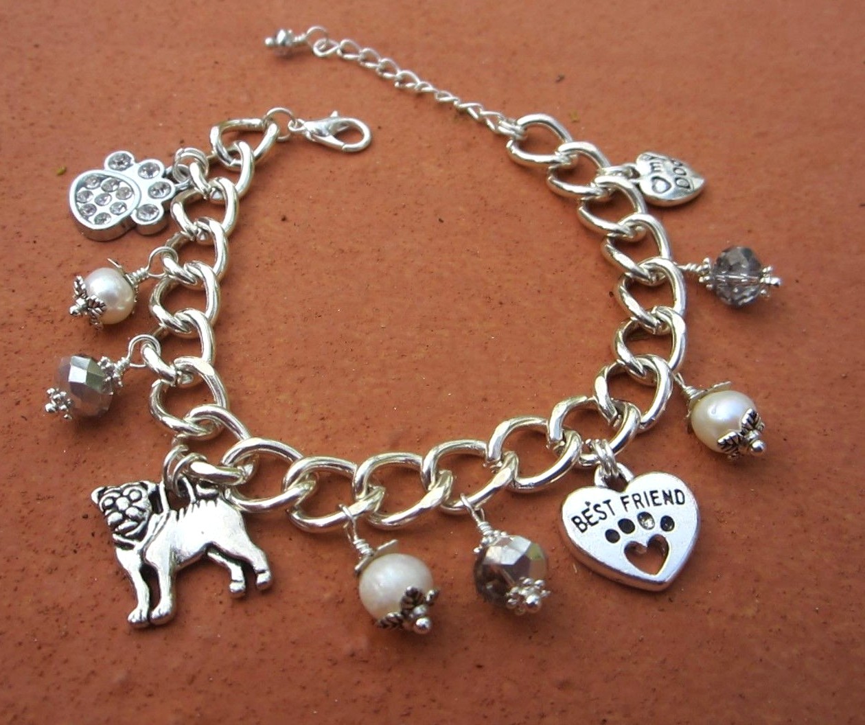 Pug Dog Charm Bracelet with Freshwater Pearls & Silver Crystals | eBay