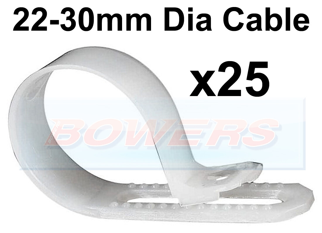 WHITE NYLON ADJUSTABLE P CLIPS FOR 22mm - 30mm DIA CABLE 25 PACK DURITE ...