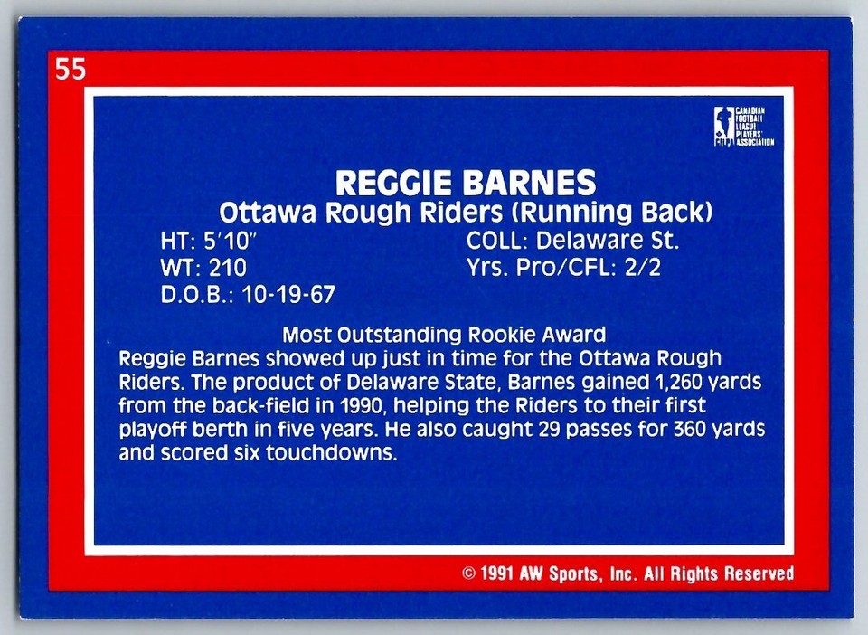1991 ALL WORLD CFL REGGIE BARNES OTTAWA ROUGH RIDERS #55 | eBay