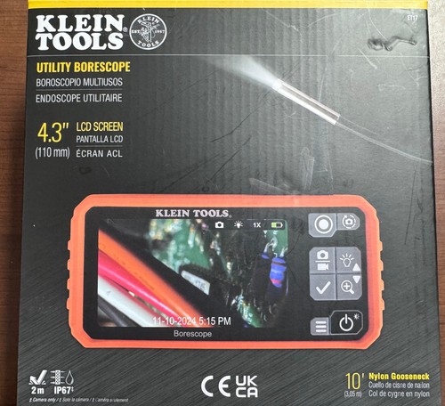 Klein Tools Utility Borescope 4.3” LCD screen ET17 Nylon Gooseneck ...