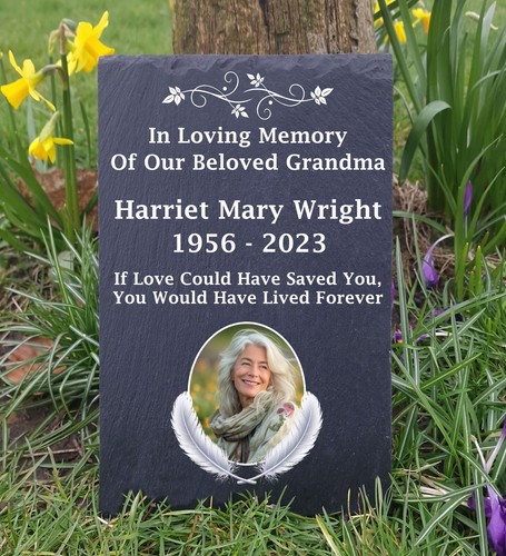 Natural Slate Photo Memorial Garden Grave Stone 3 Sizes Feathers Design ...