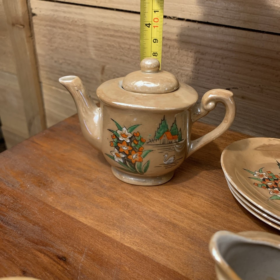 VTG Miniature Child Tea Set Pearlescent Lusterware Japan Flowers Swan ...