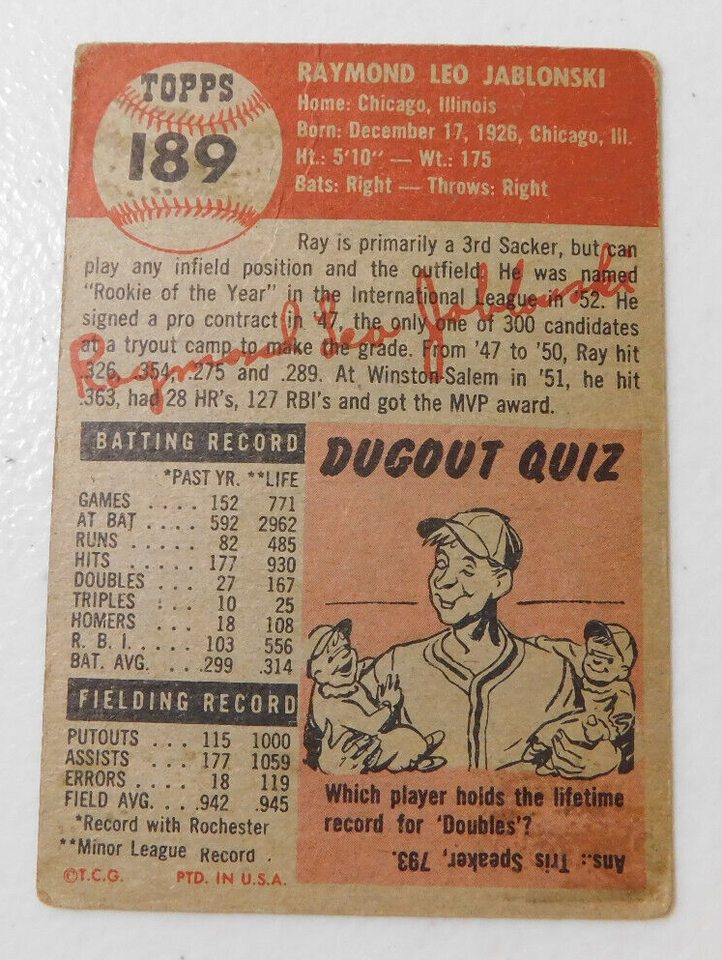 1953 TOPPS BASEBALL CARD #189 RAY JABLONSKI ST. LOUIS CARDINALS (item# ...