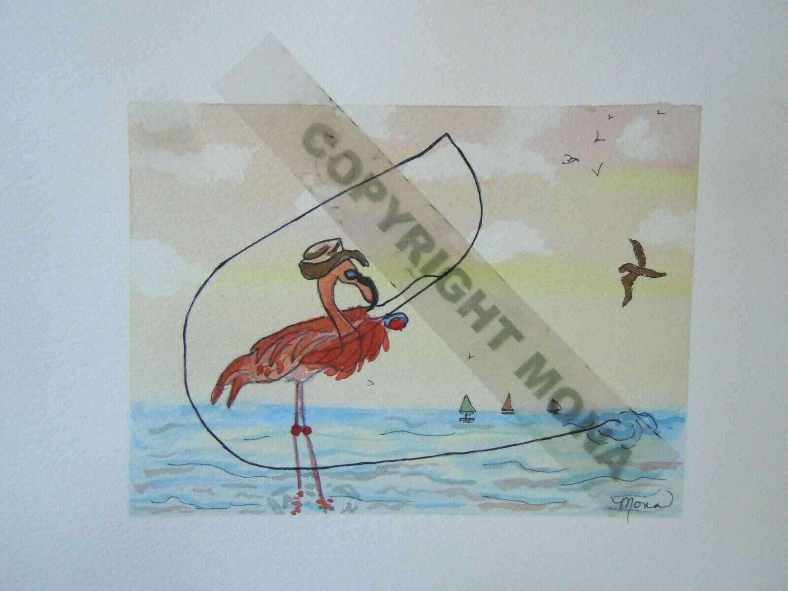 FLY FISHING FLAMINGO, 9" tall x 12" wide WATERCOLOR | eBay