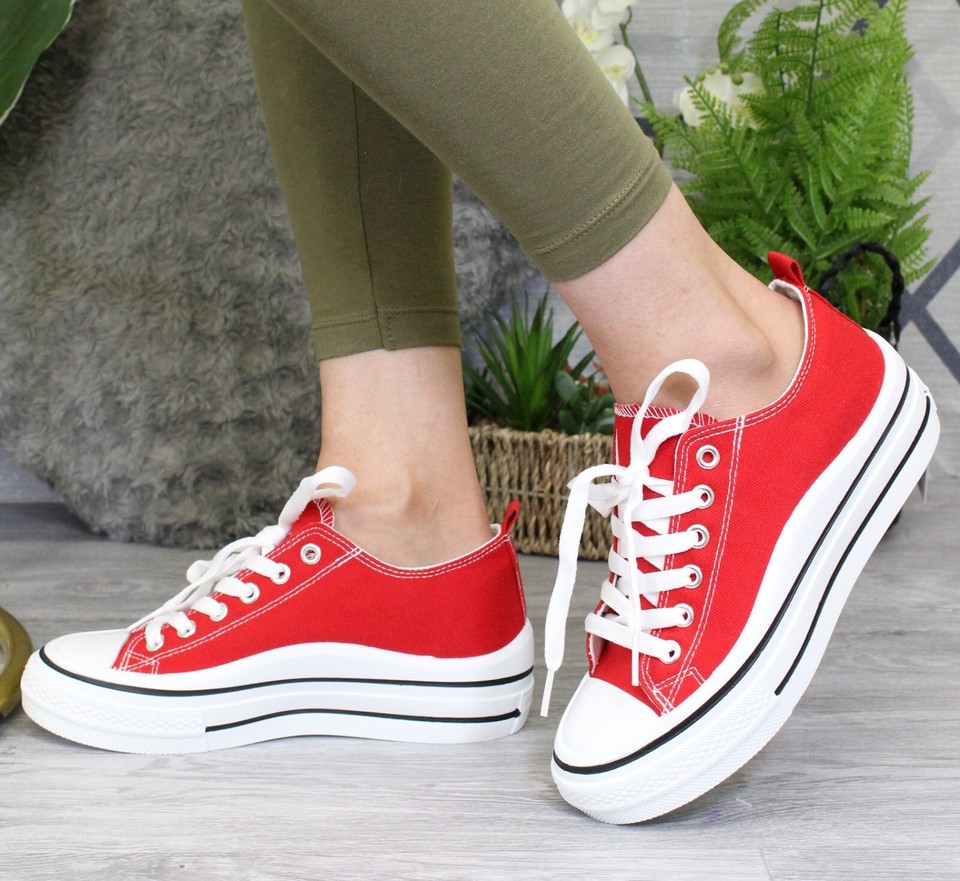 Ladies Canvas Trainers Platform Sneakers Plimsolls Lace Up Pumps Women ...