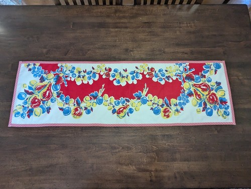 43"x13"Lined TABLE RUNNER hm w/VTG TABLECLOTH w/YELLOW-BLUE FRUITS on ...