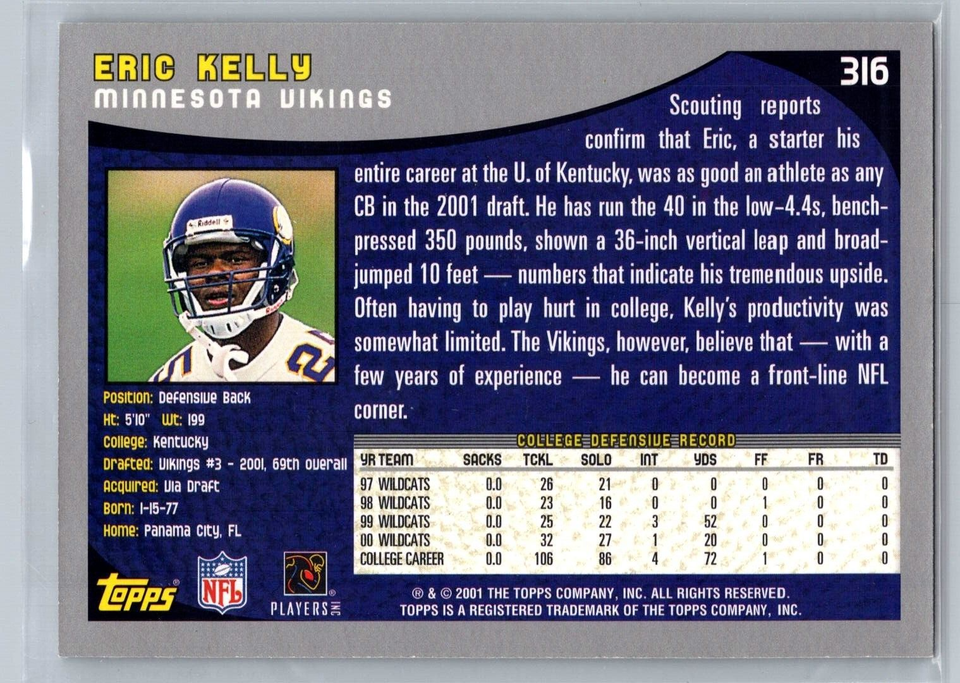 2001 TOPPS ROOKIE CARD # 316 Eric Kelly - Minnesota Vikings | eBay