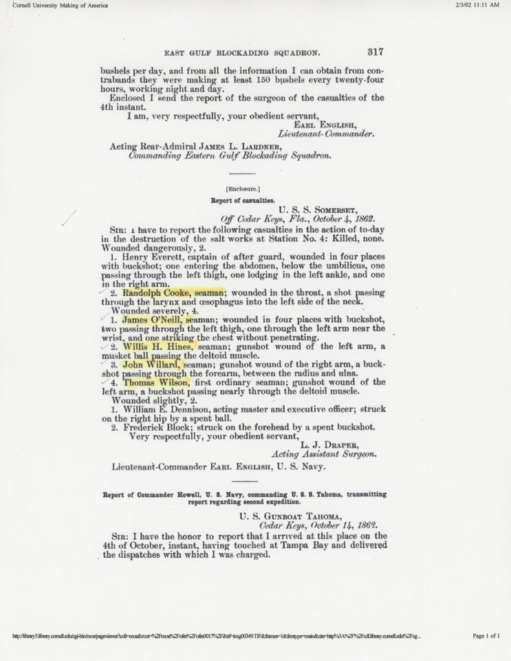 U.S.S. Somerset Civil War Naval “Report of Sick” Document Cedar Keys ...
