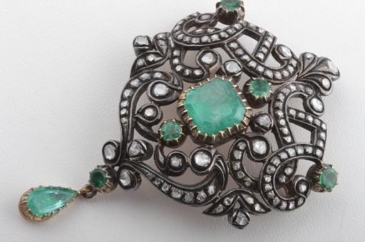 Emerald Brooch Needle Antique Diamond Silver 585 14kt… - Gem