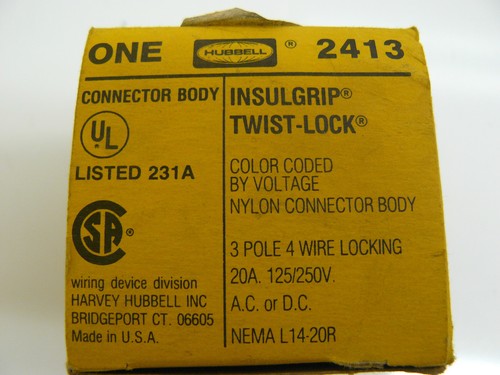 NEW HUBBELL 2413 TWIST-LOCK RECEPTACLE 20AMP 125/250V 3POLE 4 WIRE L14 ...