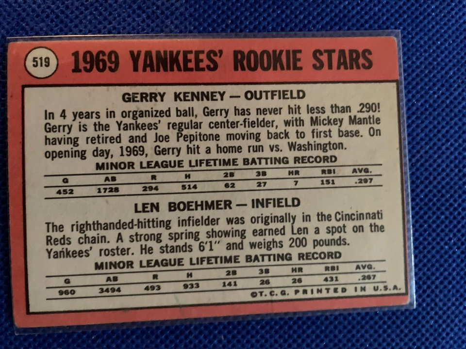 1969 TOPPS # 519 YANKEES ROOKIE STARS GERRY KENNY | eBay