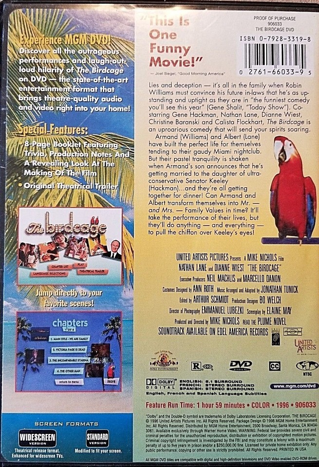 The Birdcage 1996 DVD Robin Williams Gene Hackman/Pamphlet 27616603395 ...