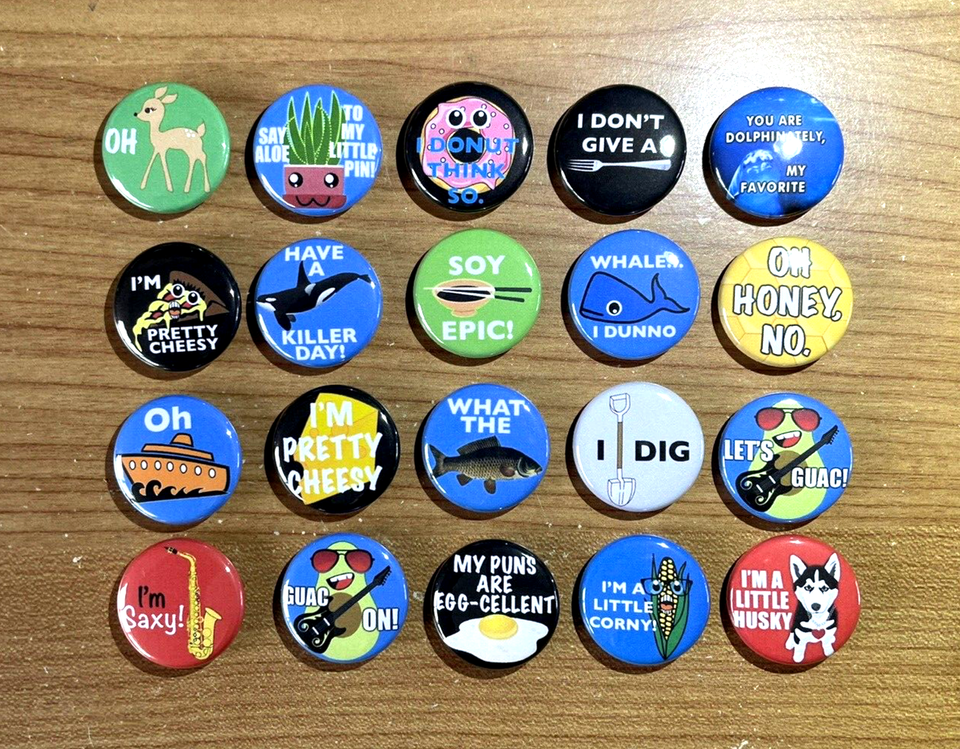 Funny Pun Buttons Pins White Elephant Gift 20 Ridiculous Pun Pins "Bag ...