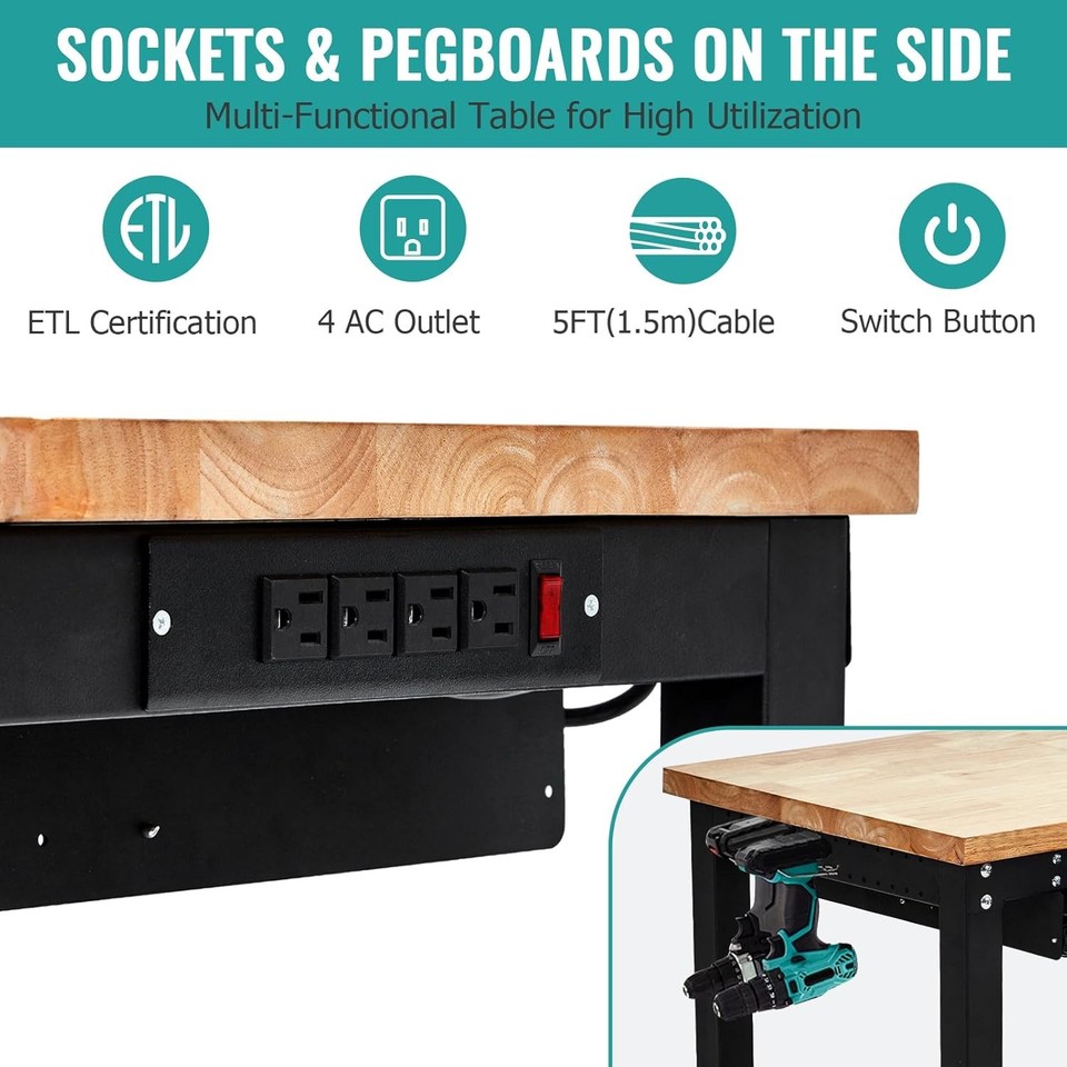 60" Workbench Rubber Wood Tabletop Work Table W/2 Drawers & Pegboard ...