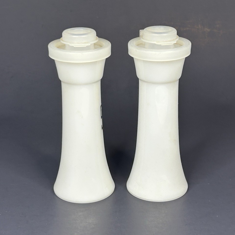 Vtg Tupperware White Hourglass Salt Pepper Shakers Gold Letters 4.5 ...