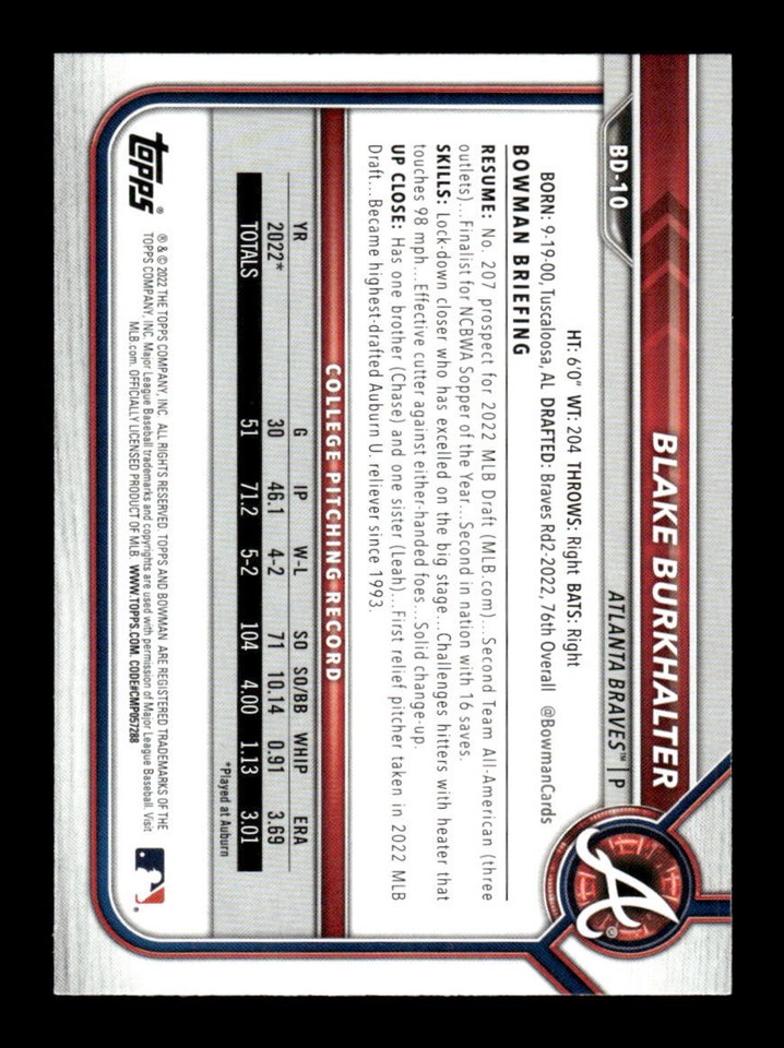 2022 Bowman Draft Blake Burkhalter #BD-10 | eBay