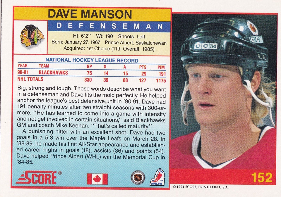 1991-92 Score #152 Dave Manson- Chicago + (Yes 4 Free Mystery Cards) | eBay
