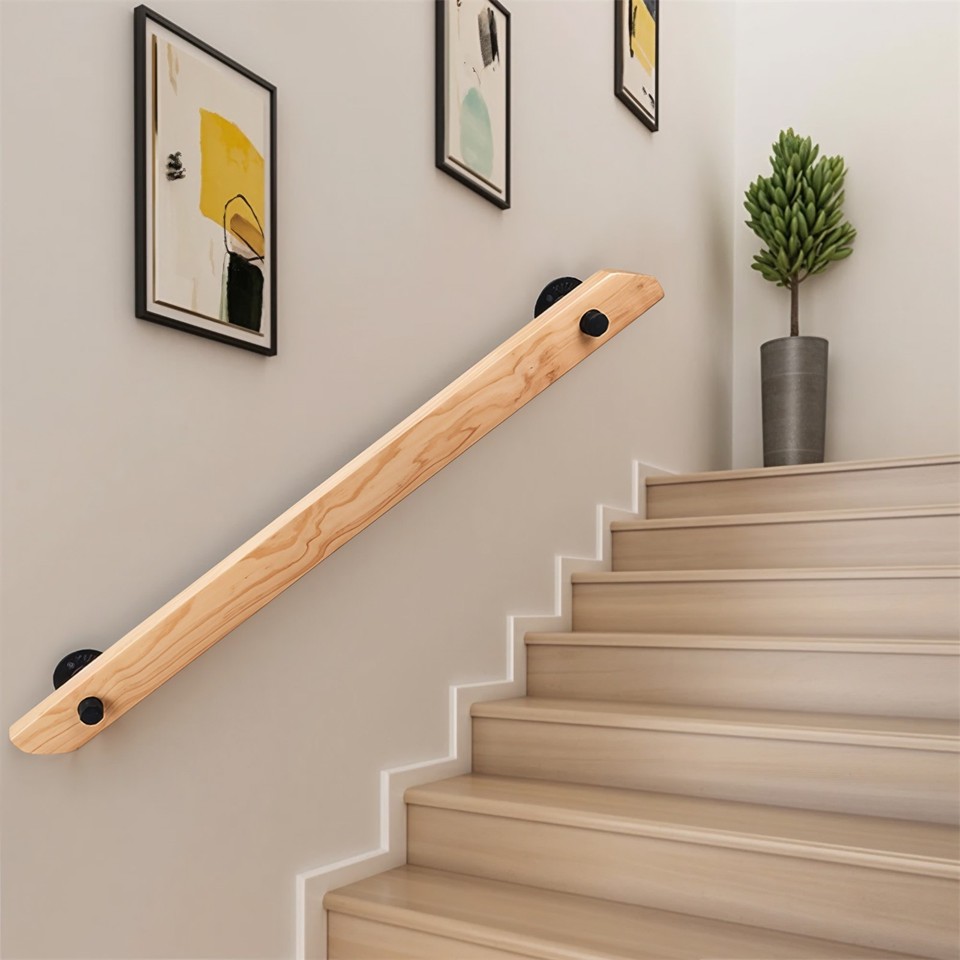 1m/1.5m/2m Pine Wood Stair Handrail Set Rail Banister with Brackets and ...