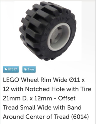 2 x LEGO Wheel & Tyre 21mm x 12mm Medium Stone Grey Part #’s 87697 / ...