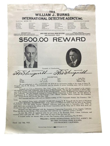 1925 Wanted Poster International Detective Agency Theft Durant Motor ...
