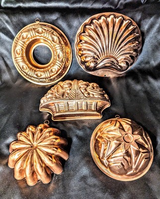 Lot of 5 Vintage Jell-O molds: Ring, Shell, Flower Basket, Star, Bombe ...
