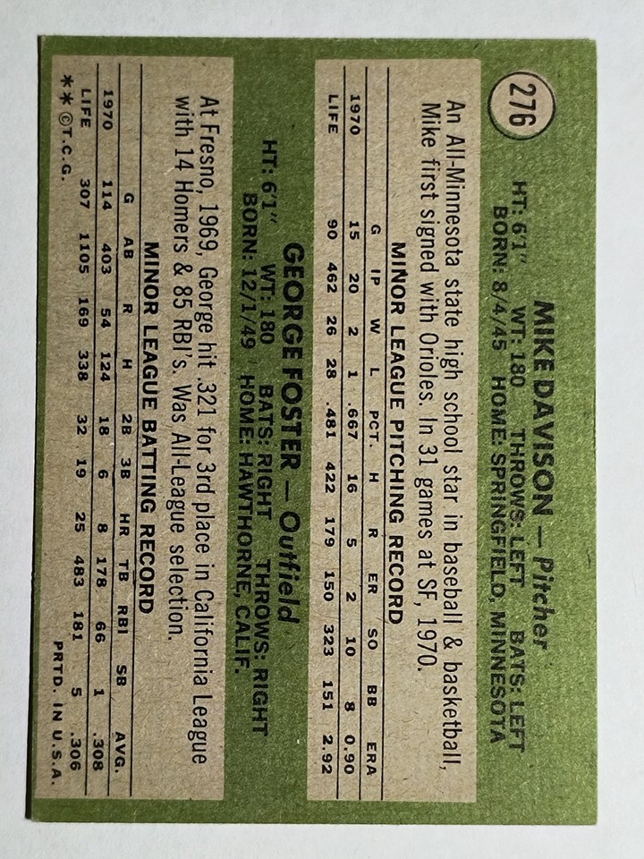1971 Topps #276 Rookie Stars/Mike Davison RC/George Foster RC (EX) | eBay